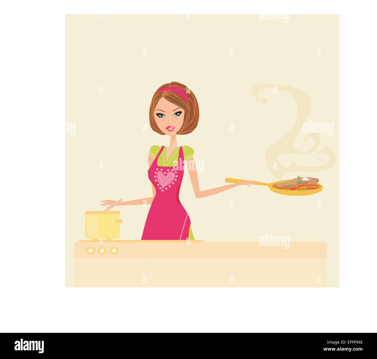 Beautiful lady cooking meat and soup in the kitchen Stock Vector Image ...