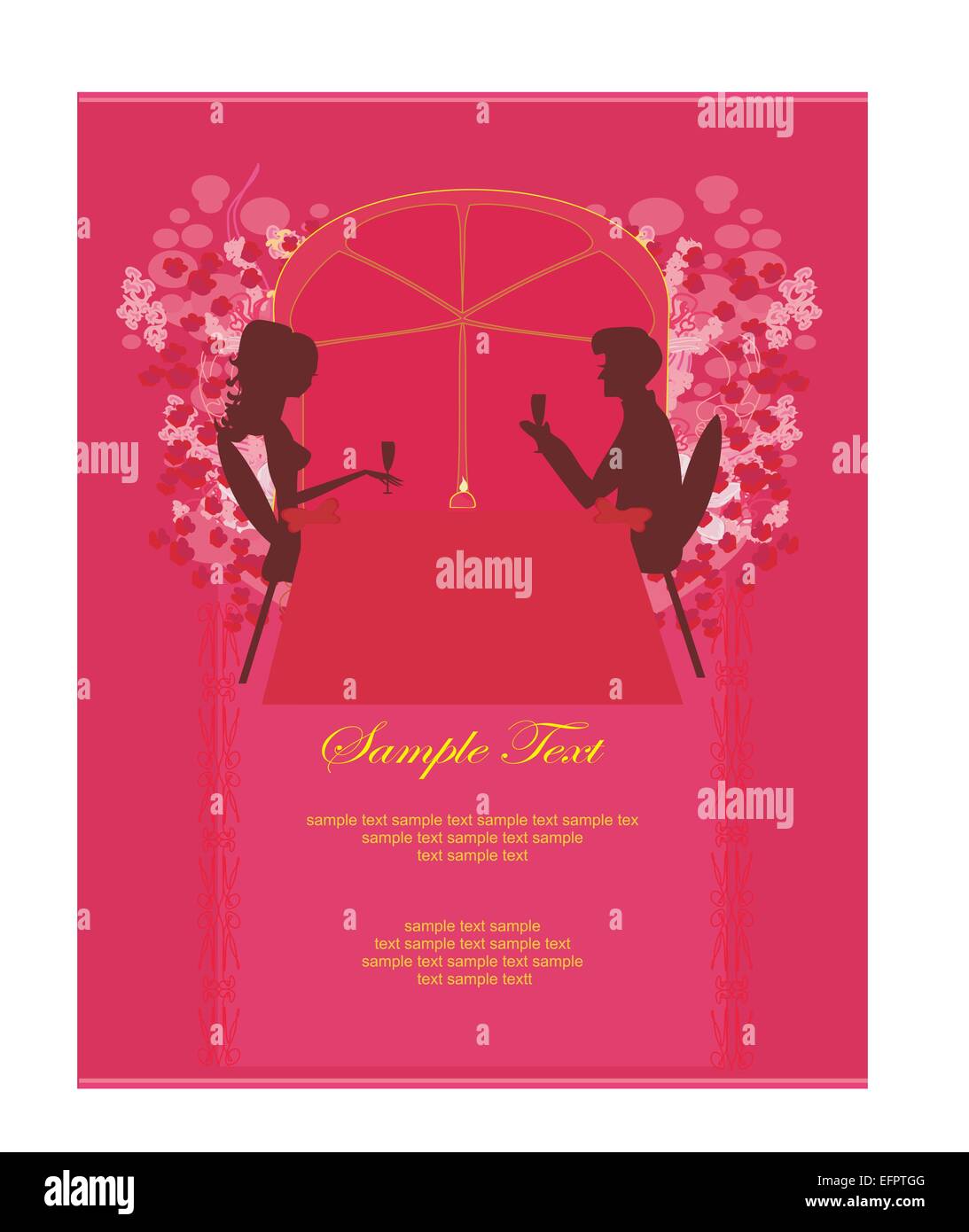 Young couple silhouette flirt and drink champagne card Stock Vector ...