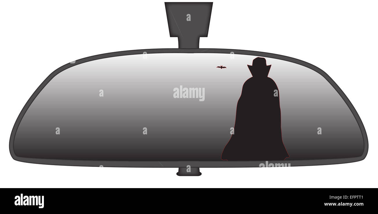 Dracula in a car rear view mirror isolated on a white background Stock ...