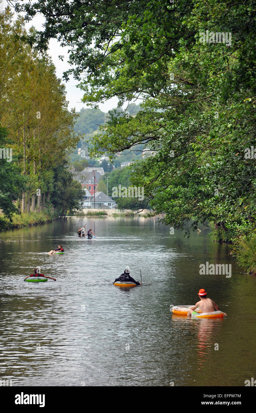 Floating Boy Scouts on the Ambleve near Stavelot, a river in the ...