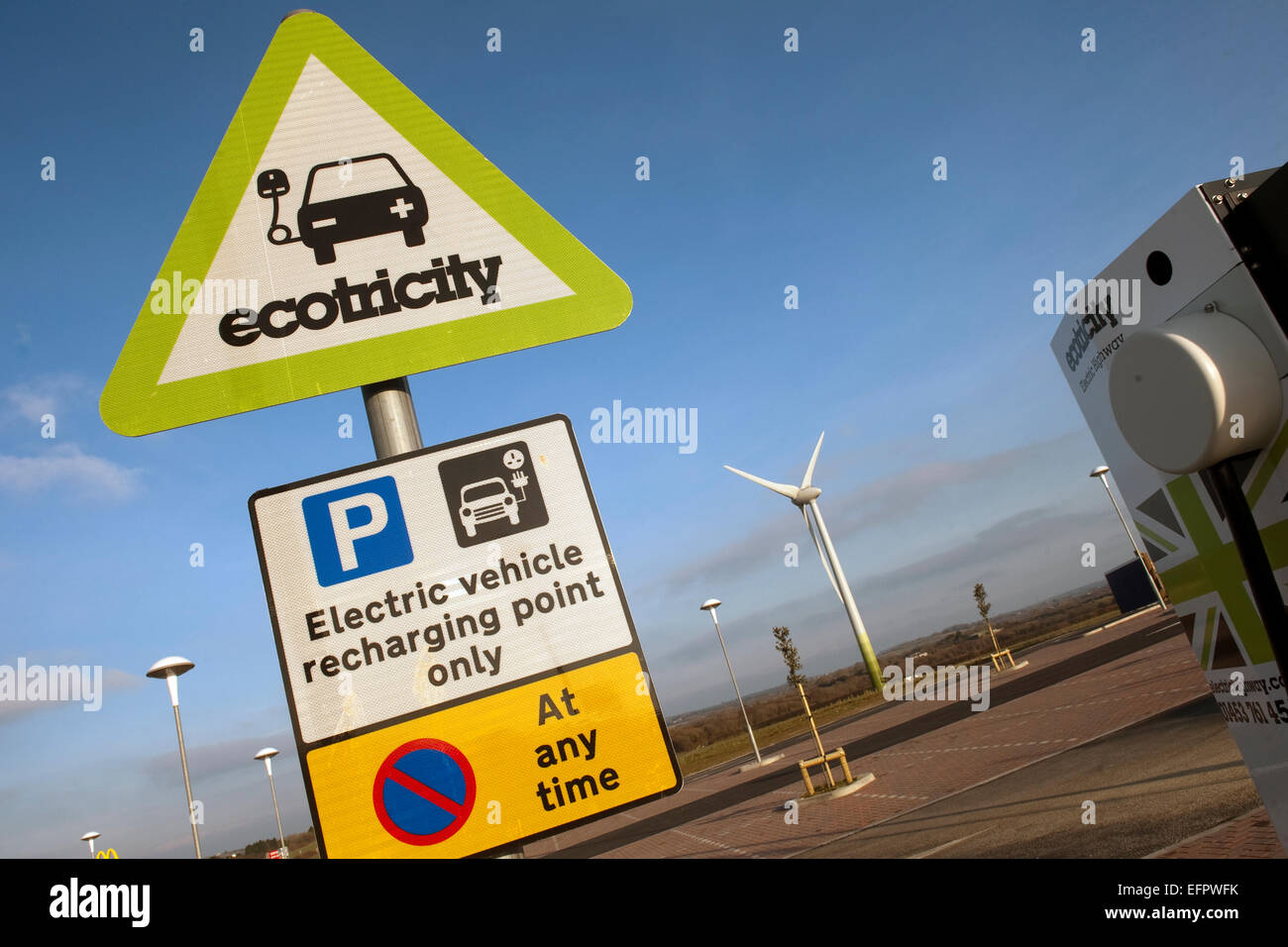 Electric vehicle recharging point sign on the A30 services, Cornwall ...