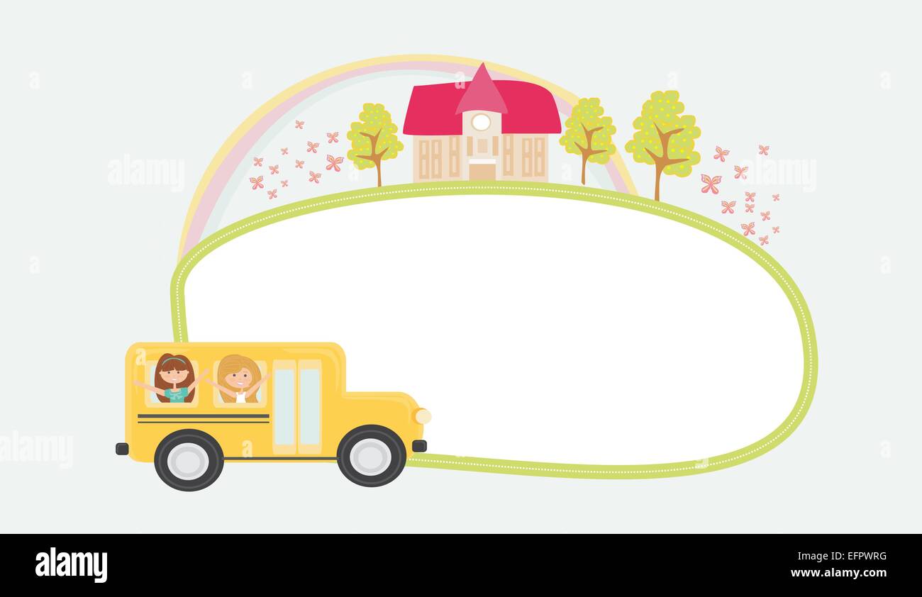 a school bus heading to school with happy children and frame Stock ...