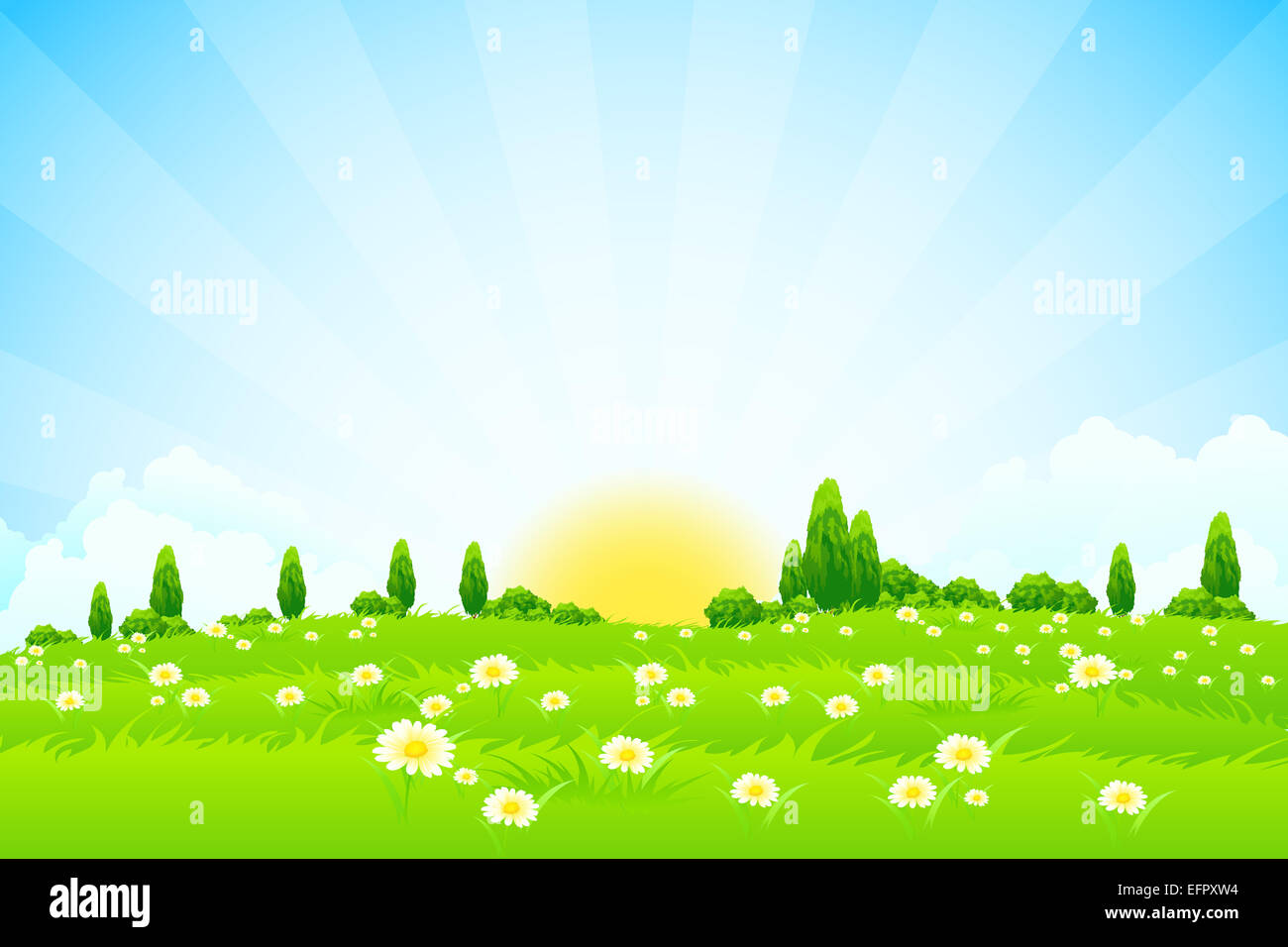 Green Landscape with trees clouds flowers and Sun Stock Photo - Alamy