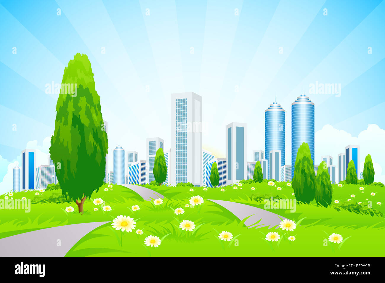 Green landscape with Trees, City, Roads and Clouds Stock Photo - Alamy