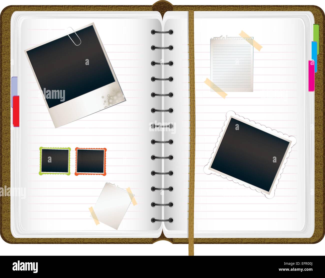 Scrapbook diary with empty photo frames and notes, vector illustration ...