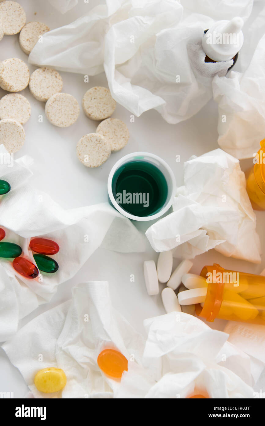 cold and flu season medicines for cough, sneeze, and sore throat Stock ...