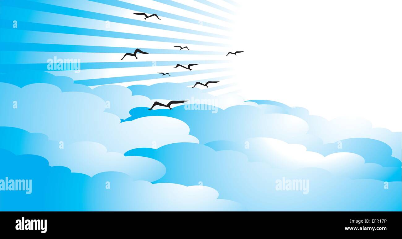 Illustration of a beautiful bright sky with rays, clouds and birds ...