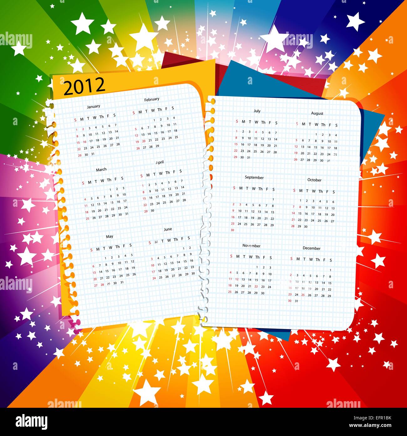 Paper calendar 2012 on star burst background, week starts with sunday ...