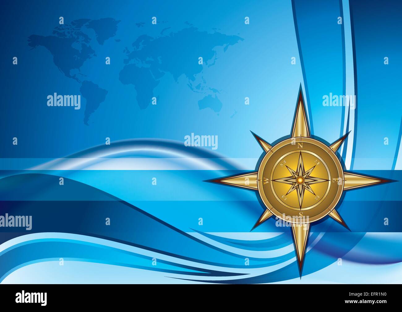 Gold compass on blue background with world map, eps10 vector ...