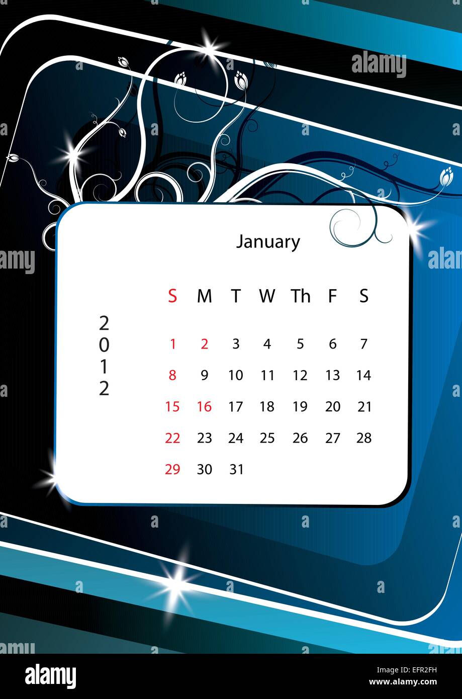 January calendar 2012, week starts with sunday, eps10 vector ...
