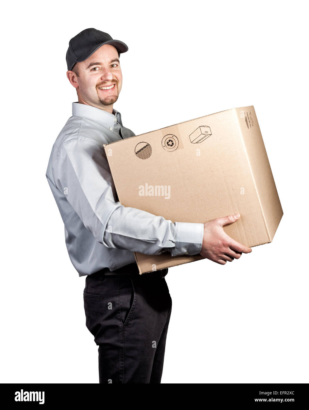 portrait of caucasian delivery man on white background Stock Photo - Alamy