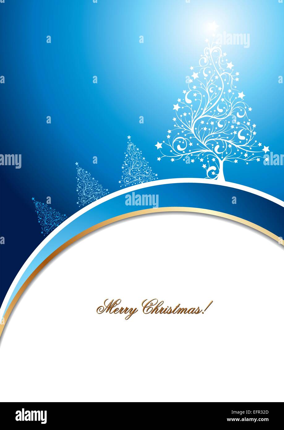 Christmas card in blue color with decorated pine trees, vector ...