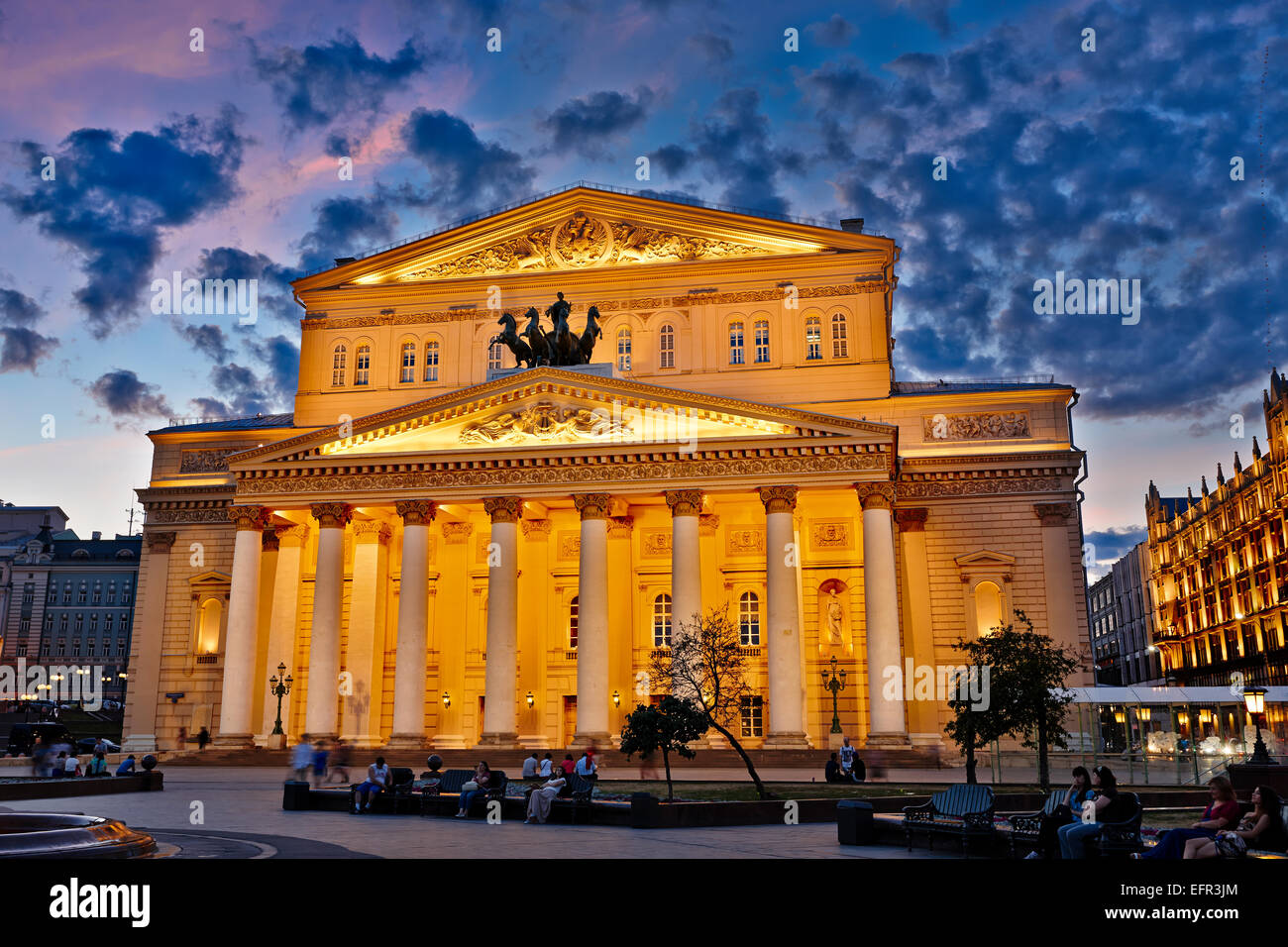 The Bolshoi Theatre building illuminated at dusk. Moscow, Russia Stock ...