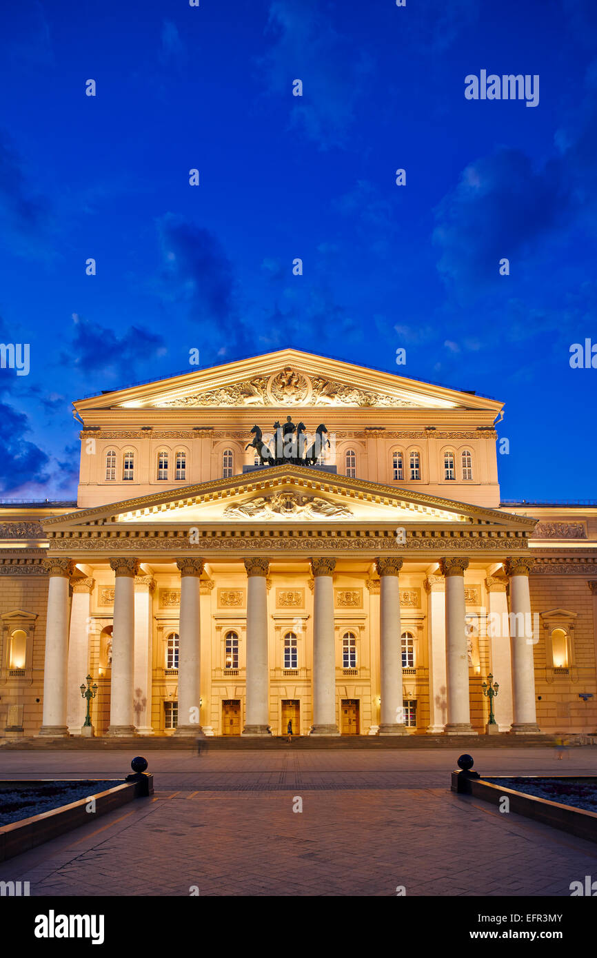 The Bolshoi Theatre building illuminated at dusk. Moscow, Russia Stock ...