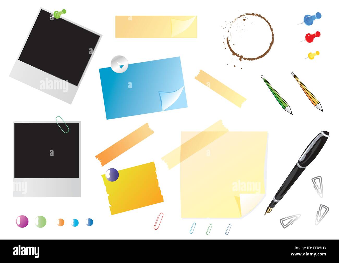Office stationery set with photos, stickers and pins, vector ...