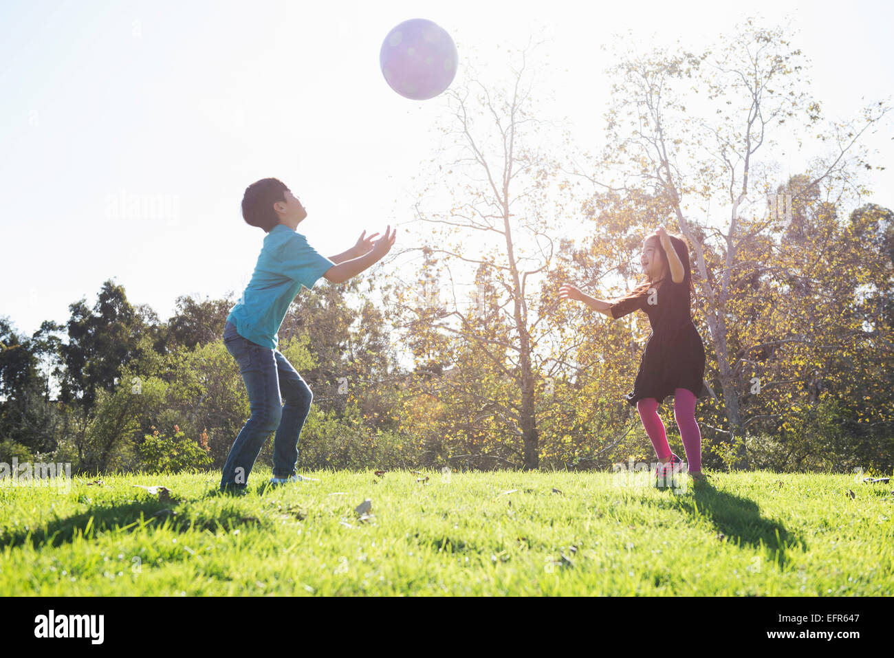 Brother and sister playing catch with ball in park Stock Photo - Alamy