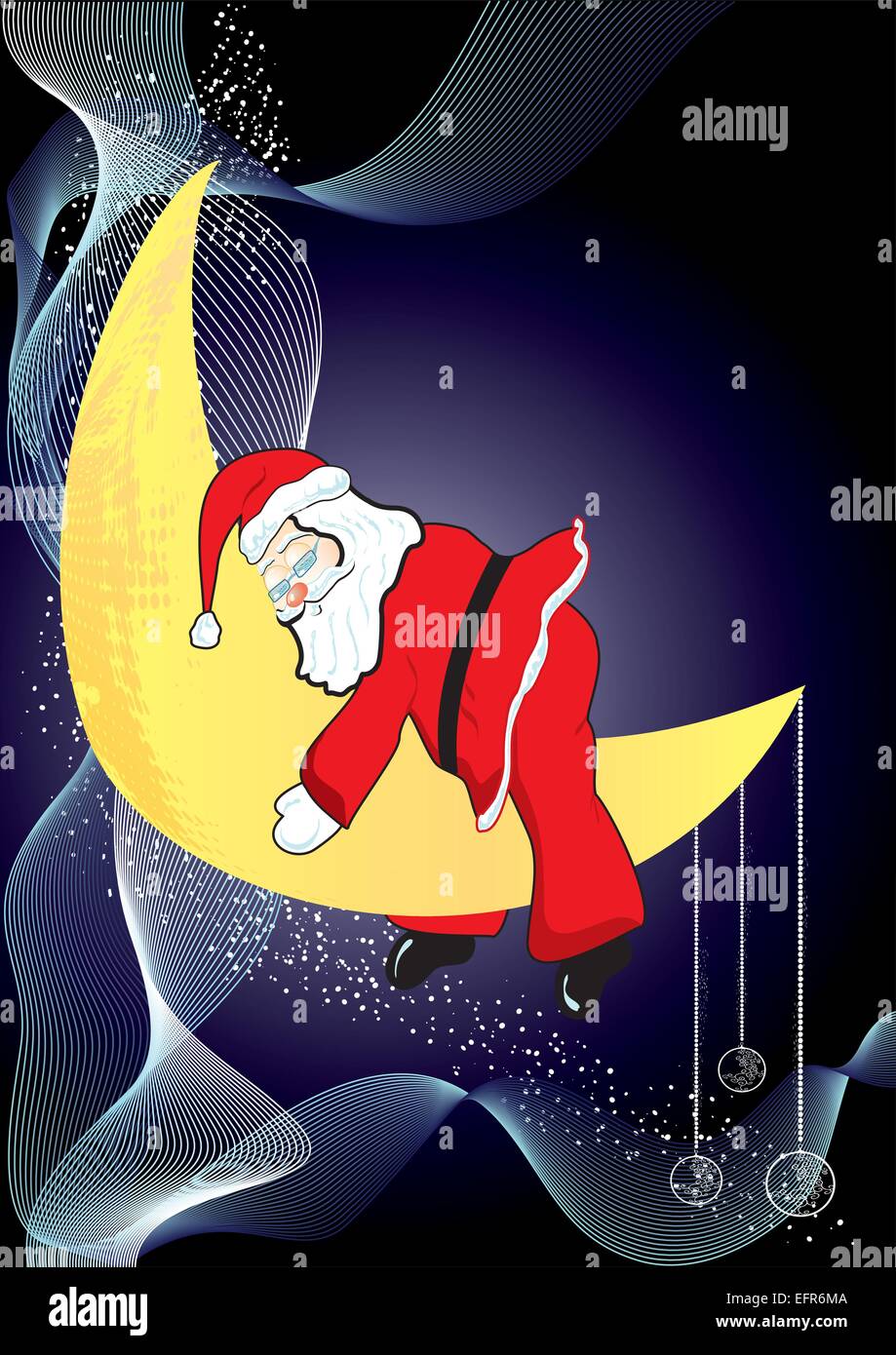 Santa Claus sleeping on the moon decorated with baubles, Vector ...