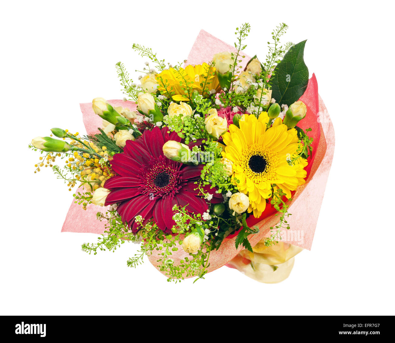 Beautiful bouquet of gerbera, carnations and other flowers in red ...