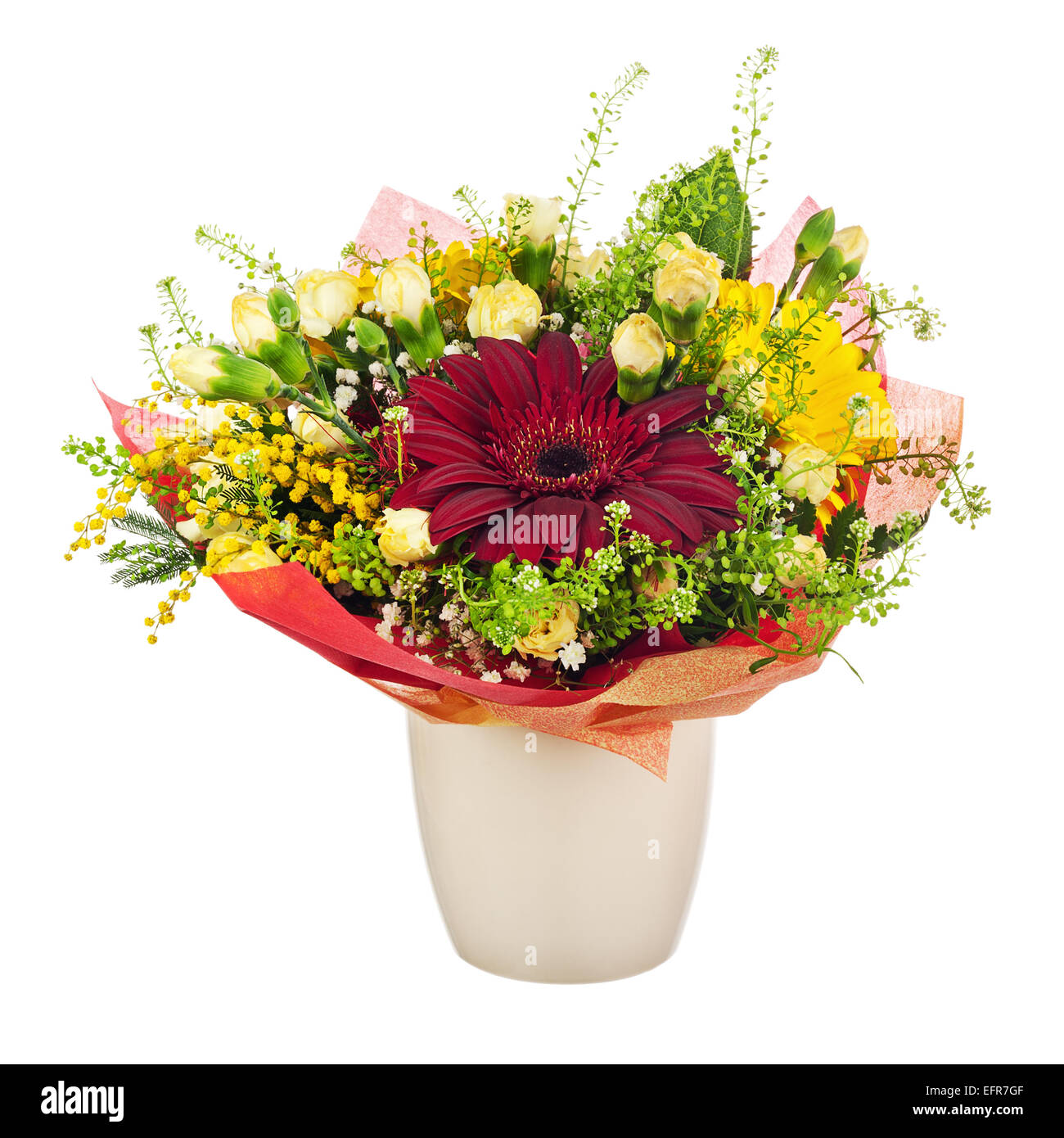 Beautiful bouquet of gerbera, carnations and other flowers in red ...