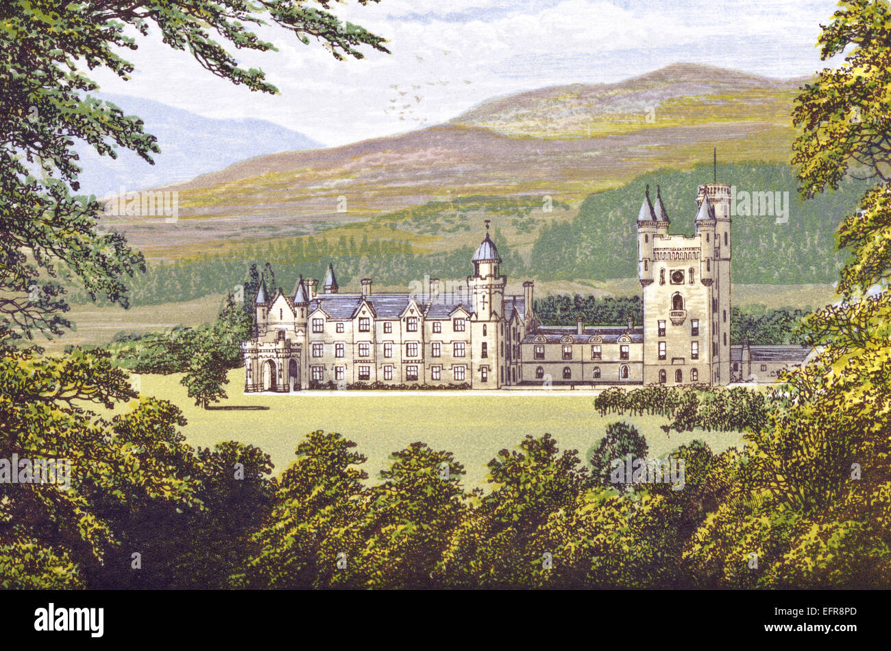 A coloured illustration of Balmoral Castle scanned at high resolution ...