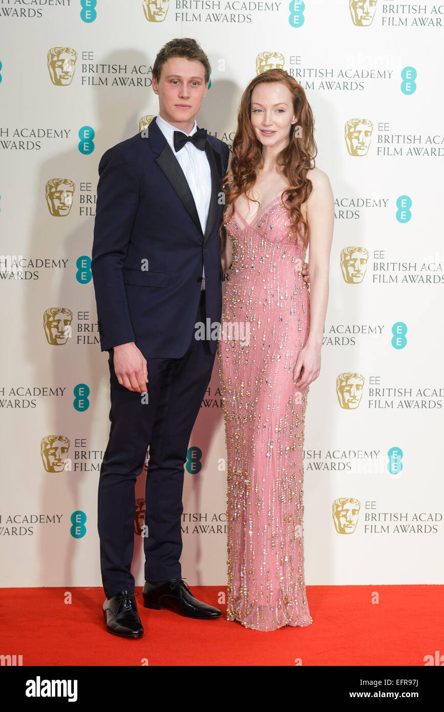 London, UK. 08th Feb, 2015. George MacKay and Olivia Grant backstage at ...
