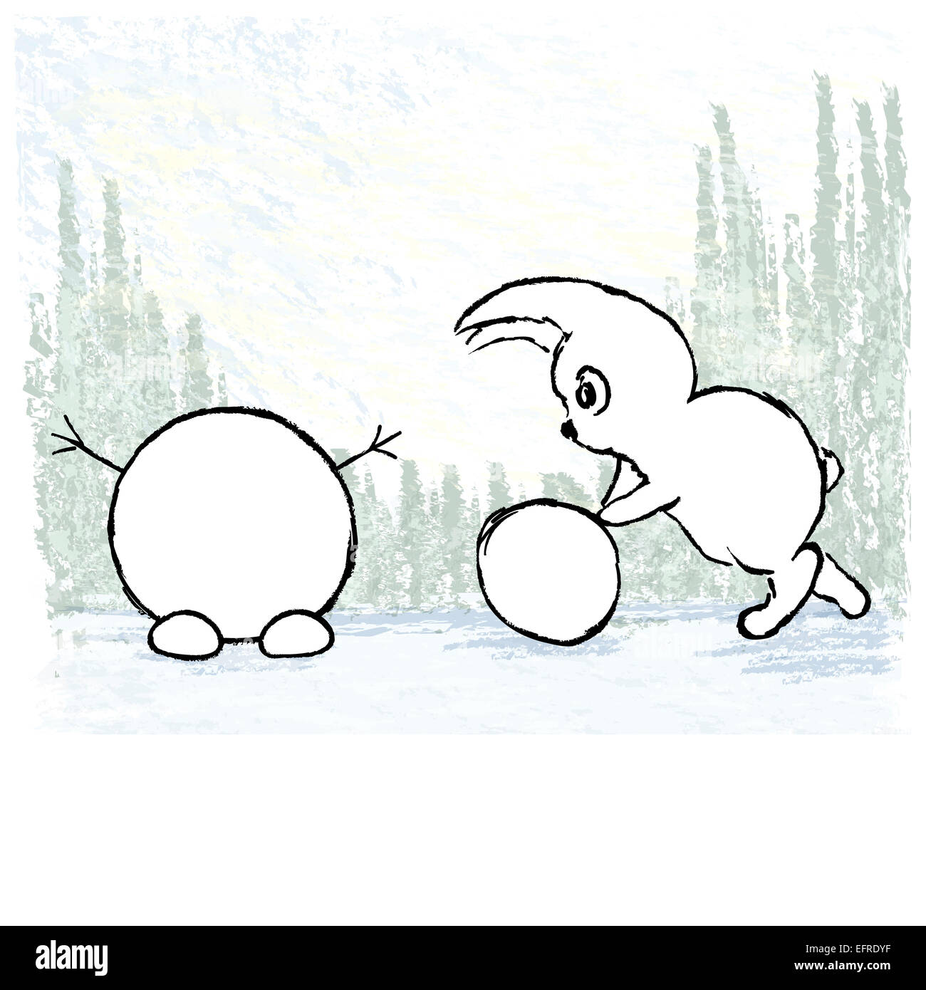 illustration, hand drawn rabbit making snowman Stock Photo - Alamy