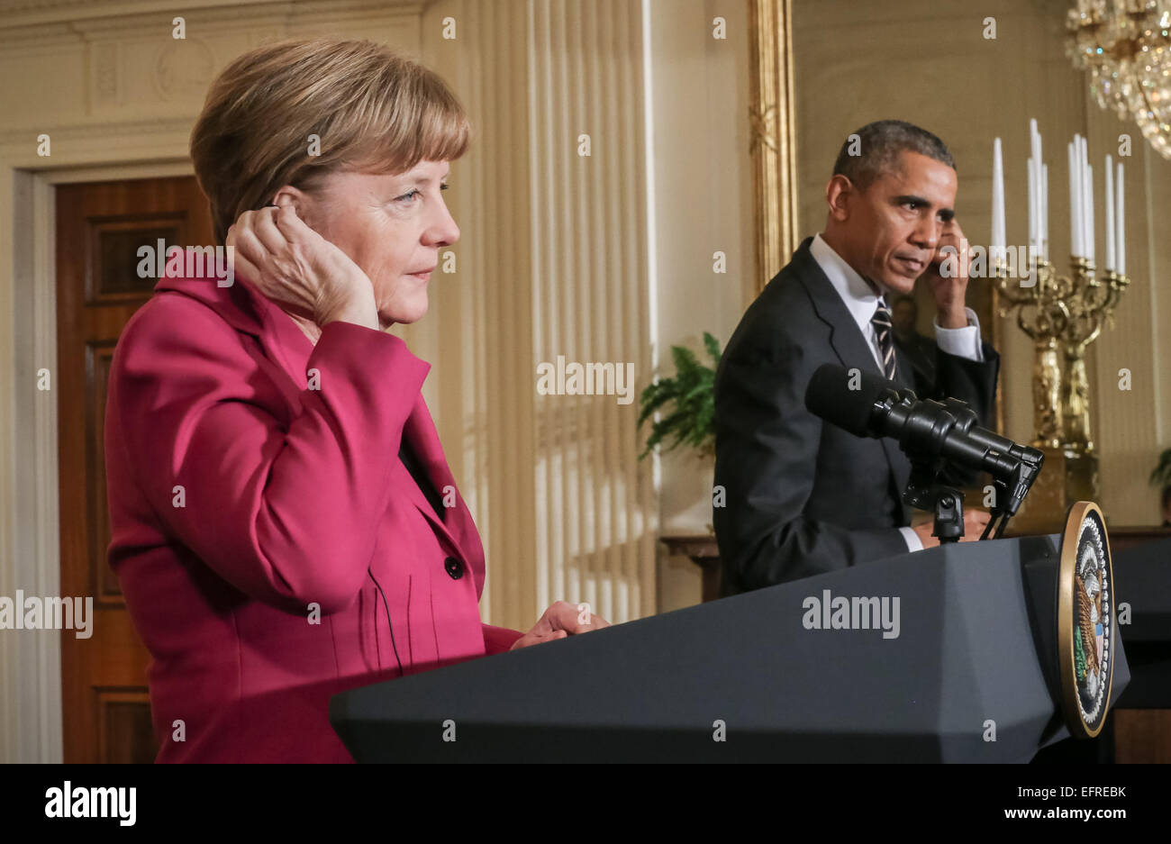 German Chancellor Angela Merkel (CDU) stands next to US President ...
