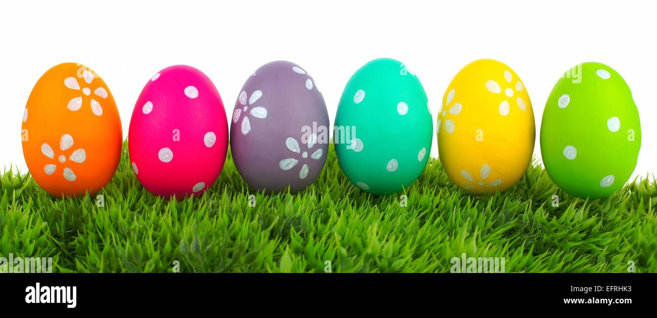 Row of Easter eggs on grass with a white background Stock Photo - Alamy