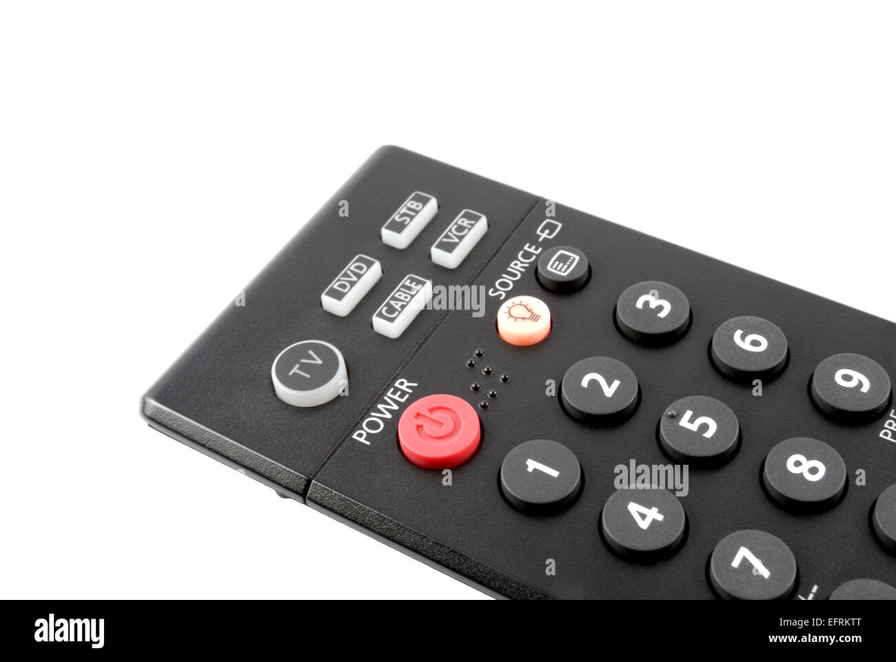 The button of power on a remote control panel of red color Stock Photo ...