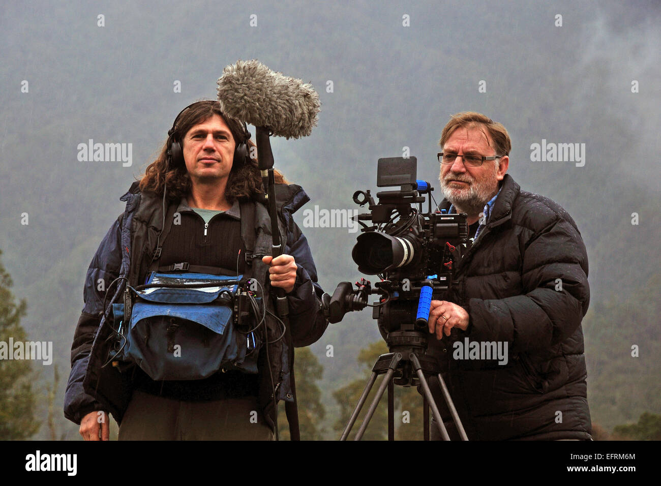 Cameraman and sound recordist at work on the West Coast, New Zealand ...