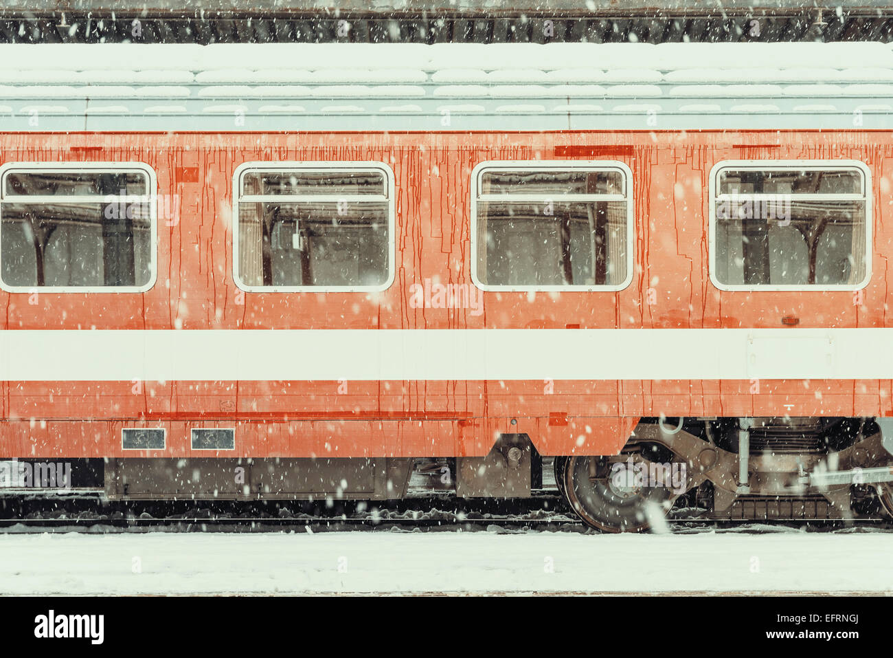 Vintage Effect Of Train Car During Heavy Snowfall Stock Photo - Alamy