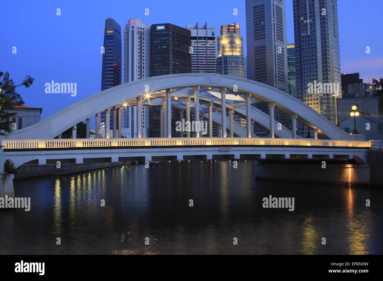 Boat Quay the city skyline and Elgin Bridge at night Singapore Stock ...