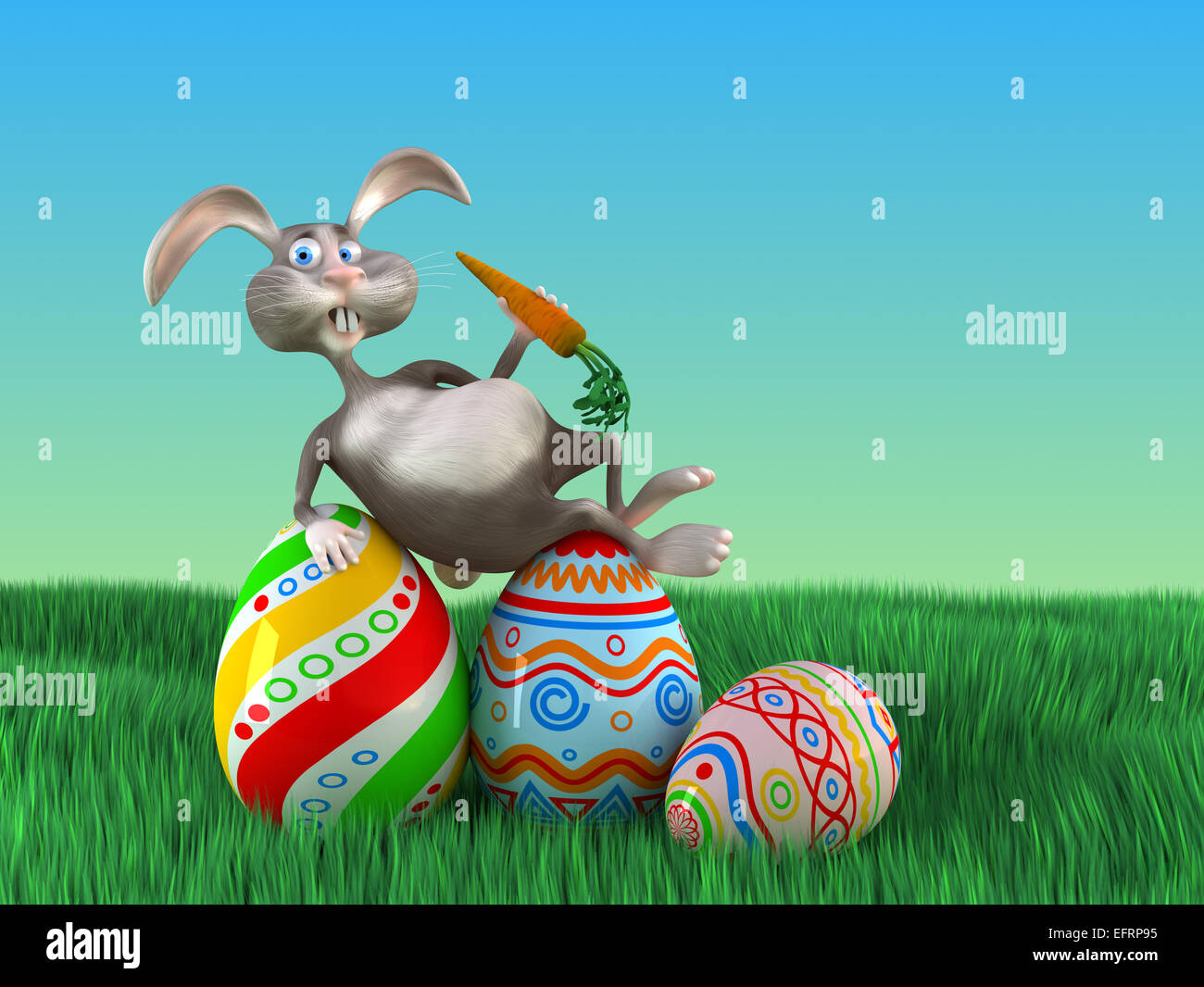Cartoon Easter rabbit lays on eggs in park. Funny 3d illustration Stock ...