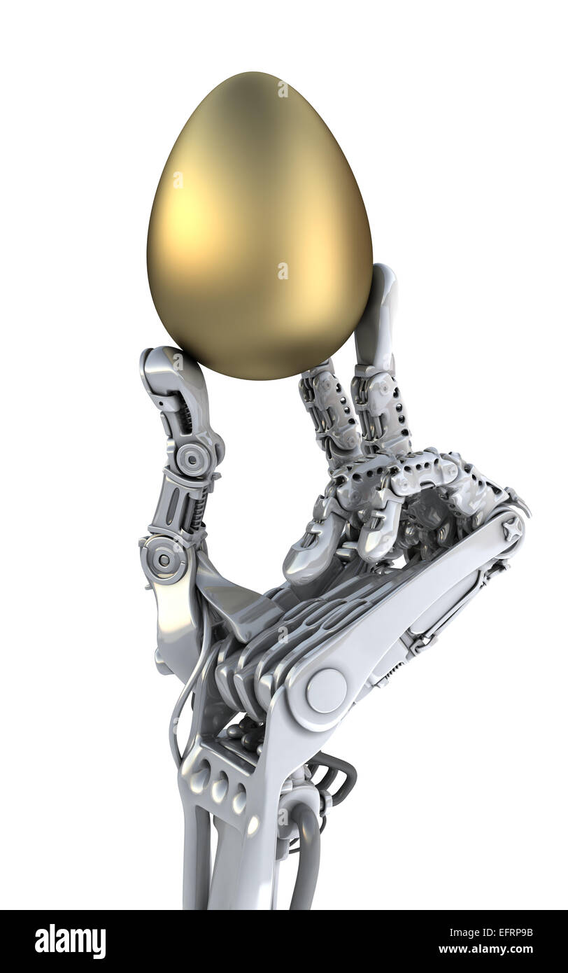 Robot hand holding a golden Easter egg. Conceptual 3d illustration ...