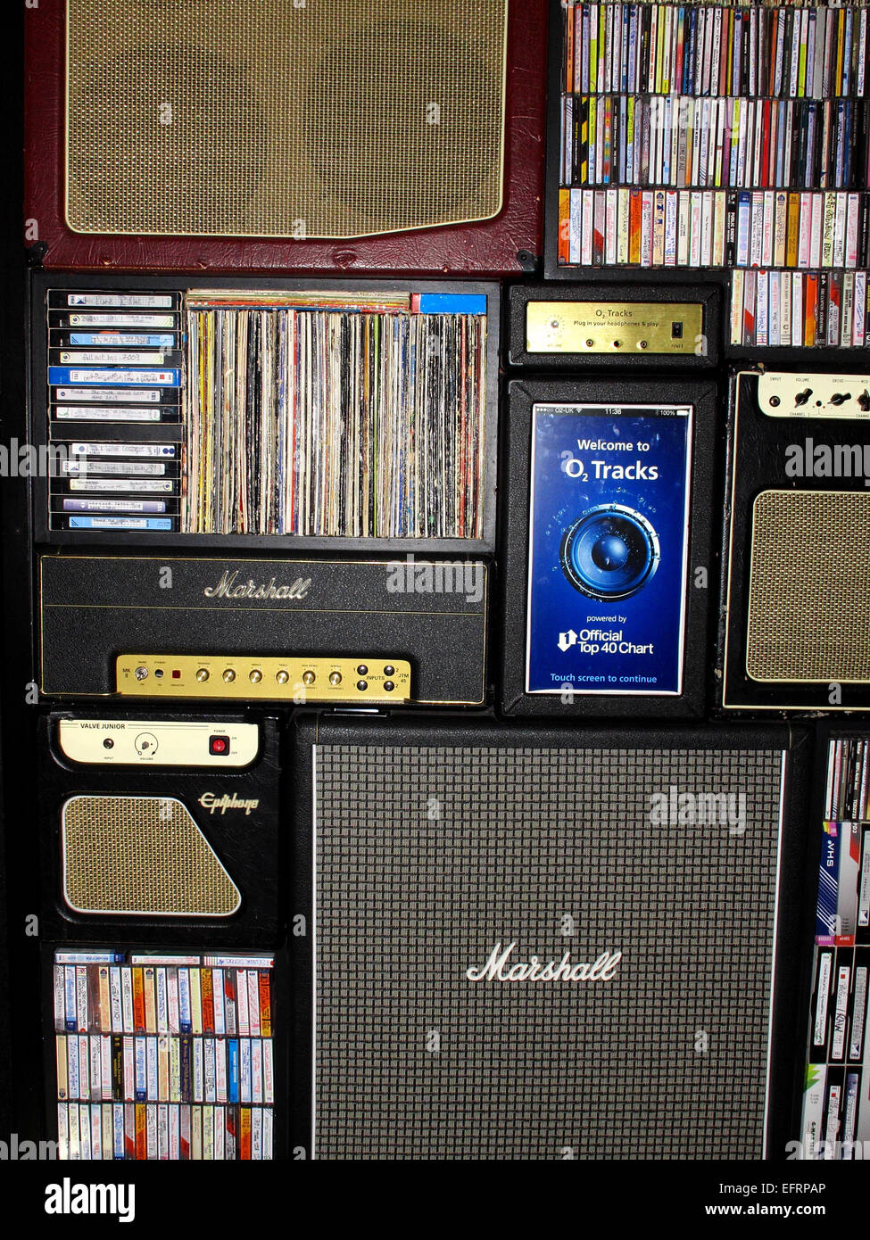 A display of music albums and tapes along with some speakers at the O2 ...