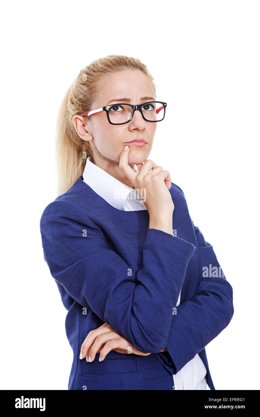 Young woman thinking at work on the white background Stock Photo - Alamy