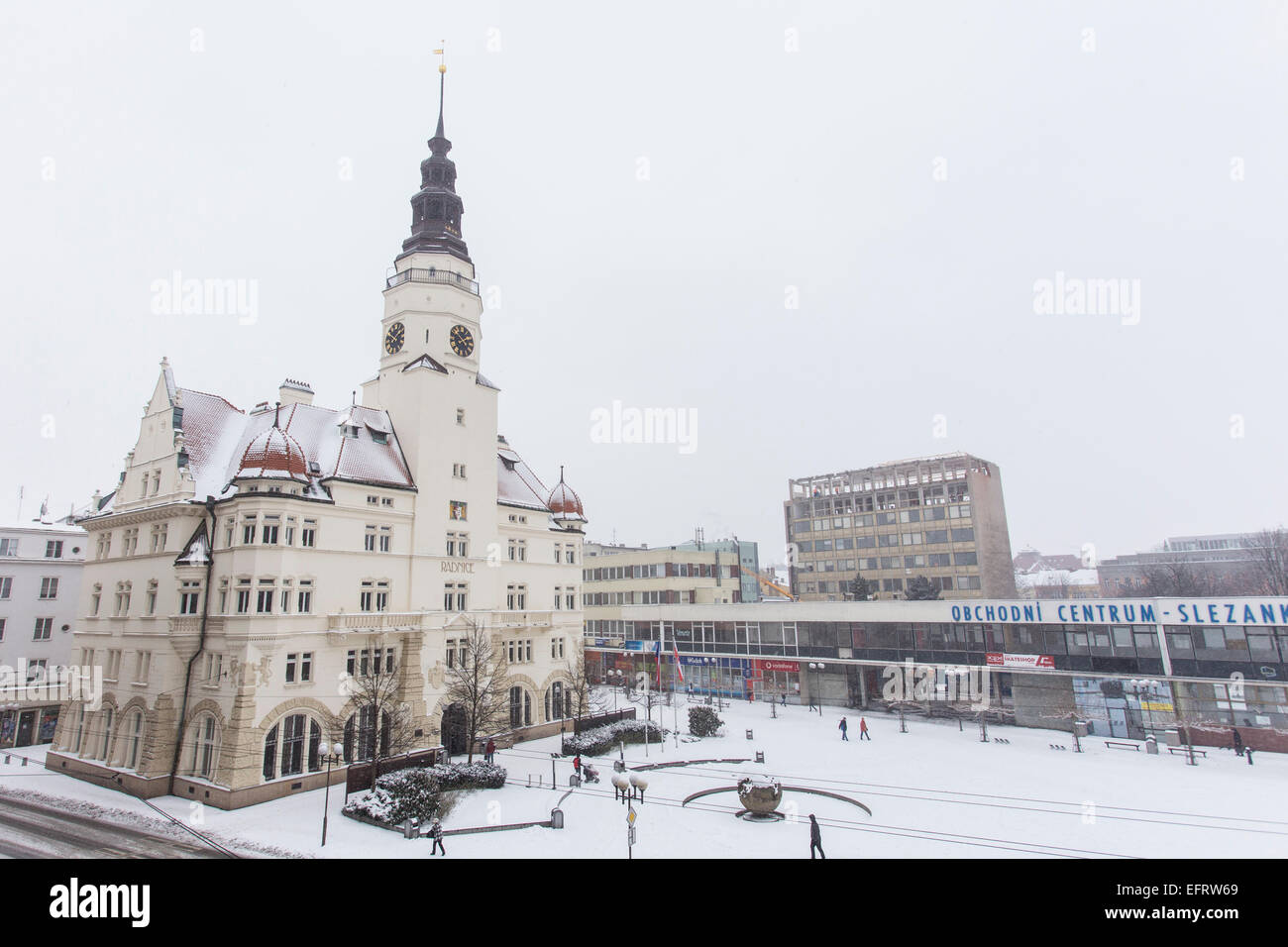 Horni namesti square Hlaska tower winter snow demolition high-rise ...