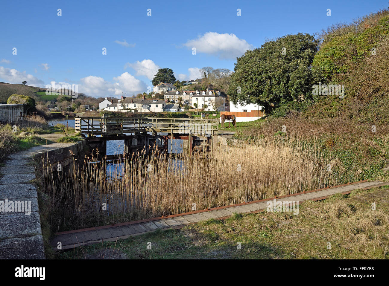 Pentewan Harbour, Cornwall, UK. The old harbour is now cut off from the ...