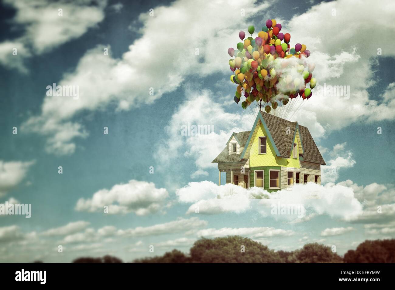 flying wooden house in the blue sky Stock Photo - Alamy