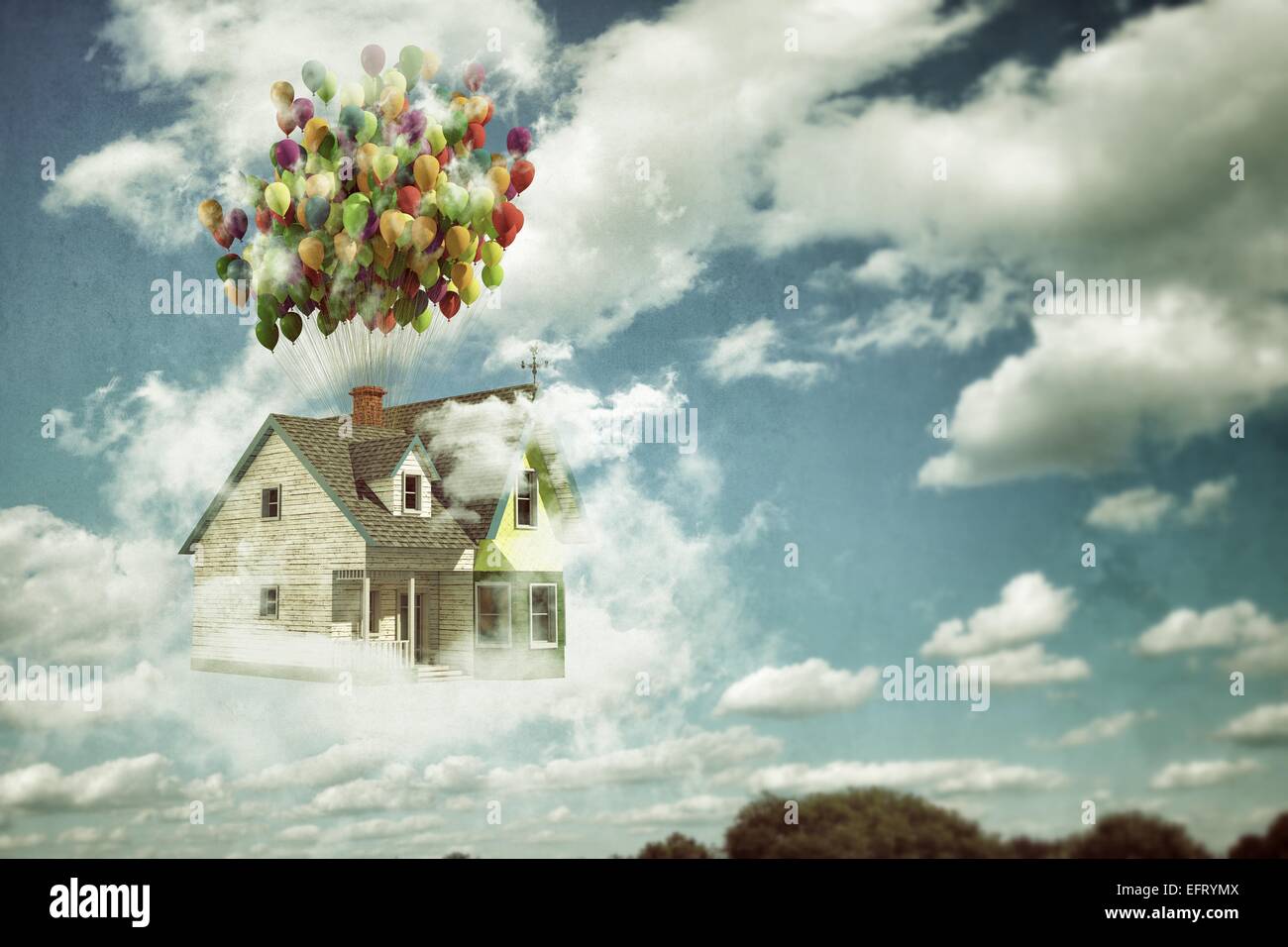 flying wooden house in the blue sky Stock Photo - Alamy