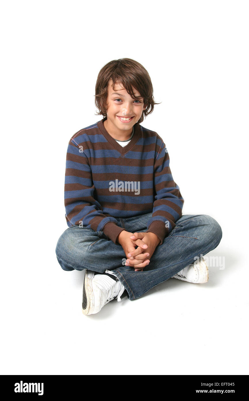 Child boy sitting. happy kid sat isolated on white background with ...
