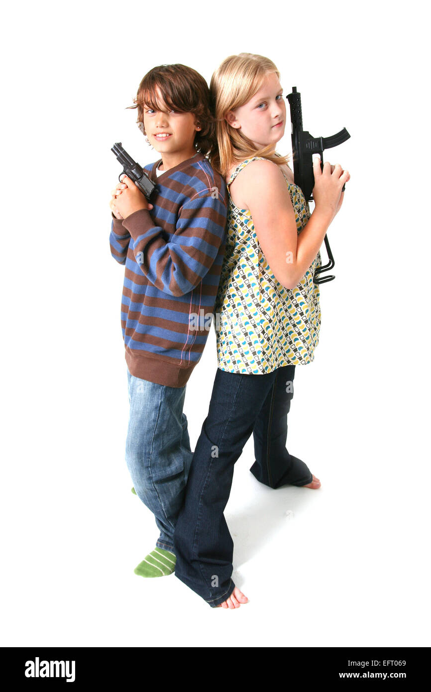 children with guns isolated on white. boy and girl playing gangsters ...