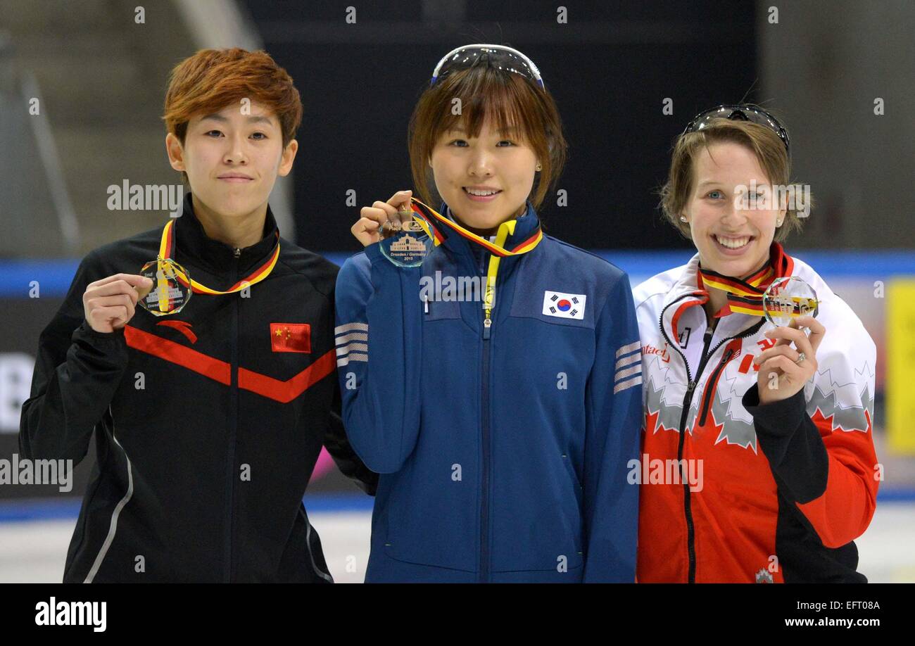 Dresden, Germany. 07th Feb, 2015. Alang Kim (C) of South Korea, Kexin ...