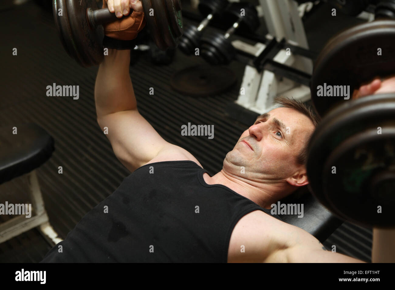 training dumbbells in gym. Male lifting weights for upper body strength ...