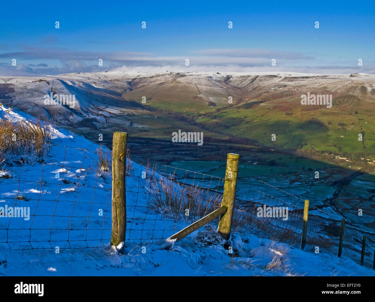 Edale and Kinder Scout in winter viewed from Rushup Edge, Peak District ...