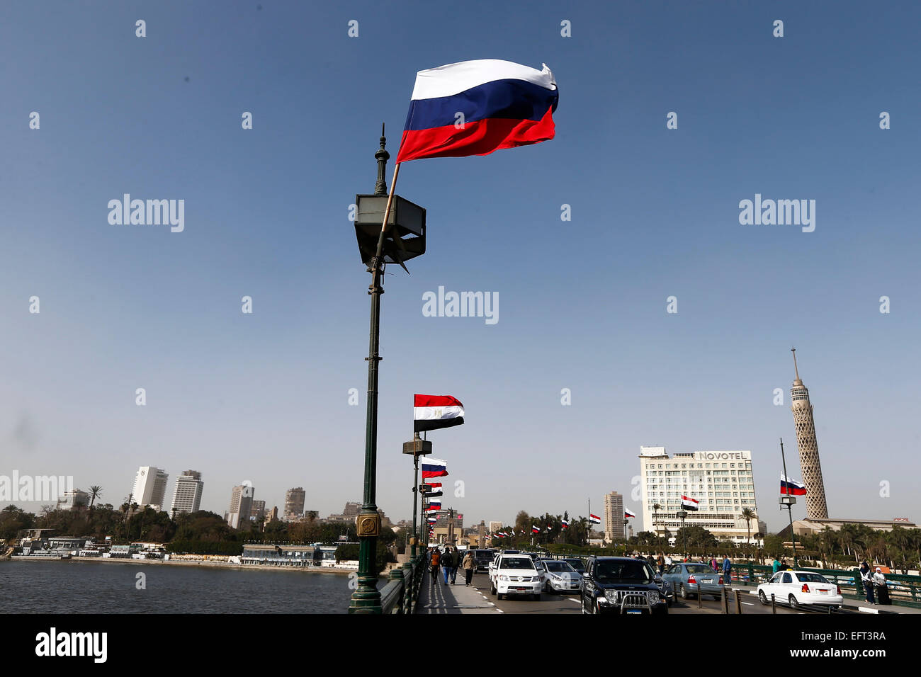 Cairo, Egypt. 10th Feb, 2015. A Russian flag flies over a bridge in ...
