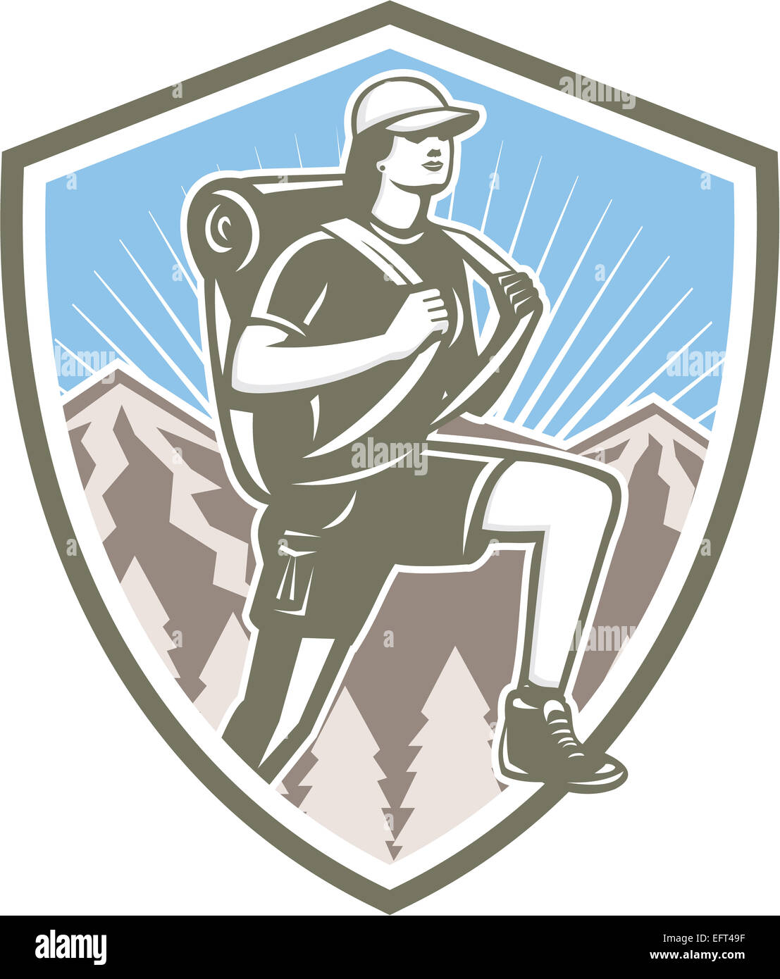 Illustration of a female hiker hiking walking set inside shield crest ...