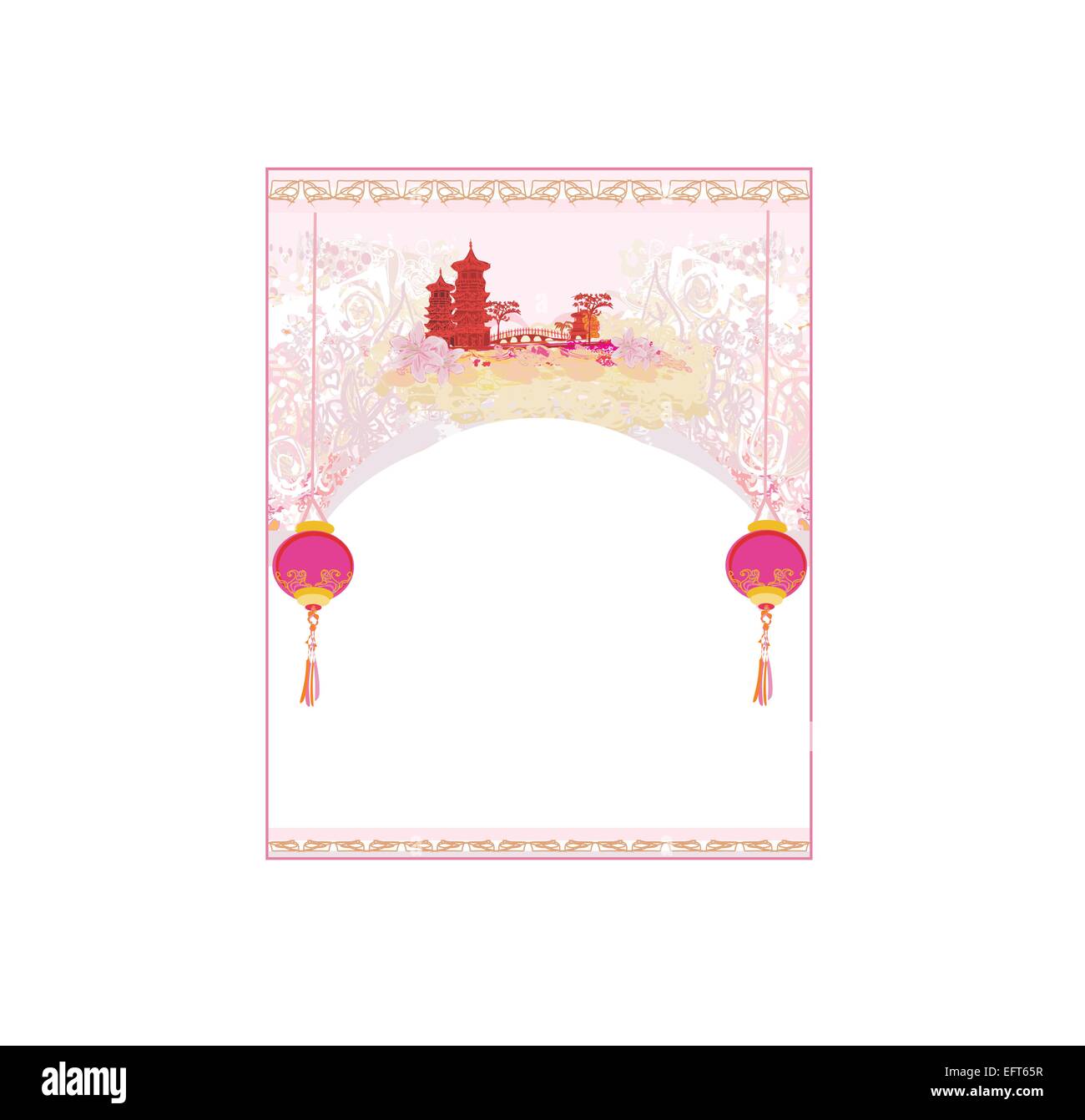 old paper with Asian Landscape and Chinese Lanterns - vintage japanese ...