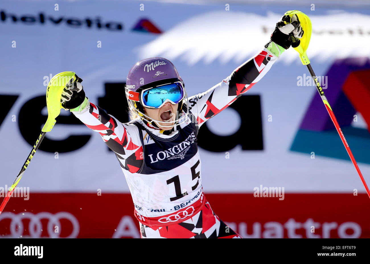 Bronze medal winner Michaela Kirchgasser of Austria reacts after the ...