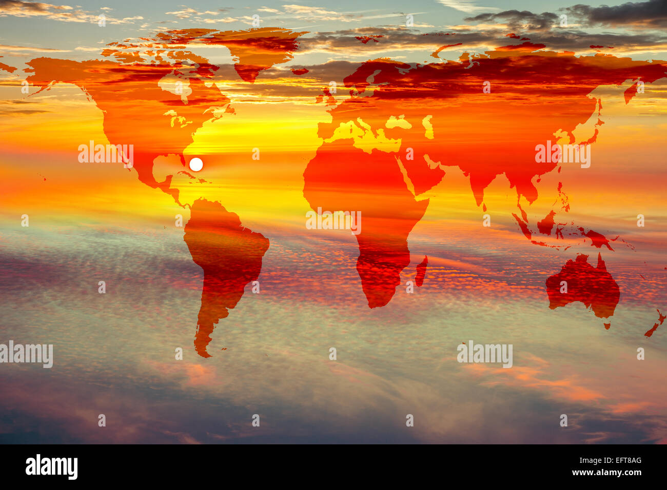 Map of World on sunset sky background Stock Photo - Alamy